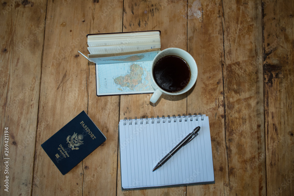 Flay lay space on the desk Area space enter text. dark coffee cups, Pen ...