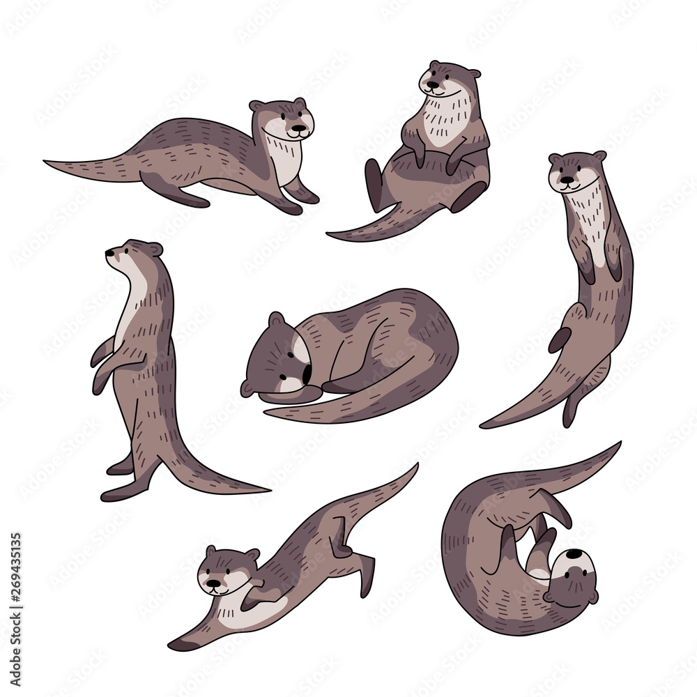 Hand drawn vector set of otters. Cute doodle illustration of Lutra ...