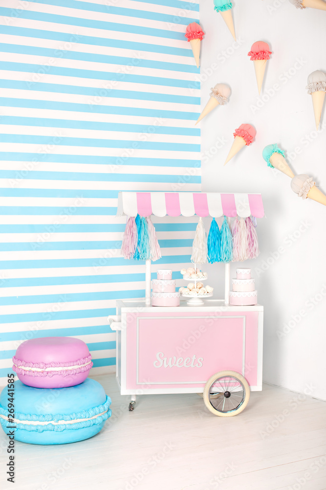 Children room with blue stripe background. candy stall photo zone with ...