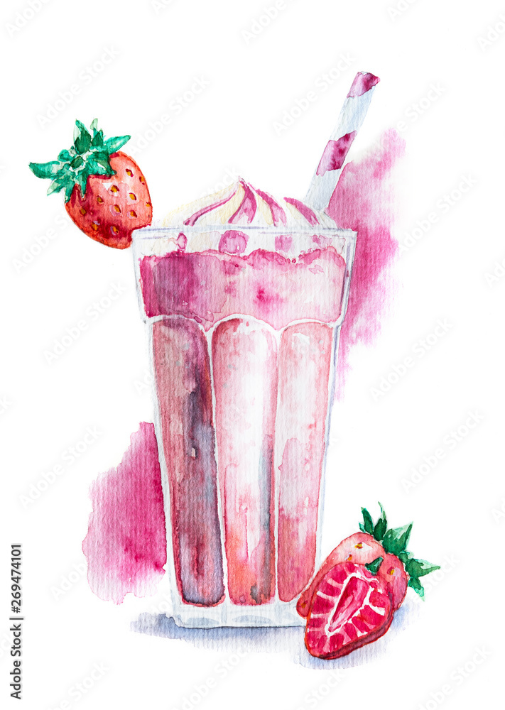 strawberry milkshake in a glass decorated with cream and fresh ...