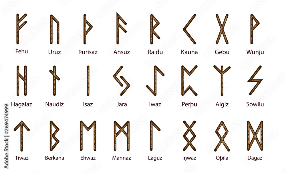 Large set of Scandinavian runes, elegant gold stamping on the surface ...