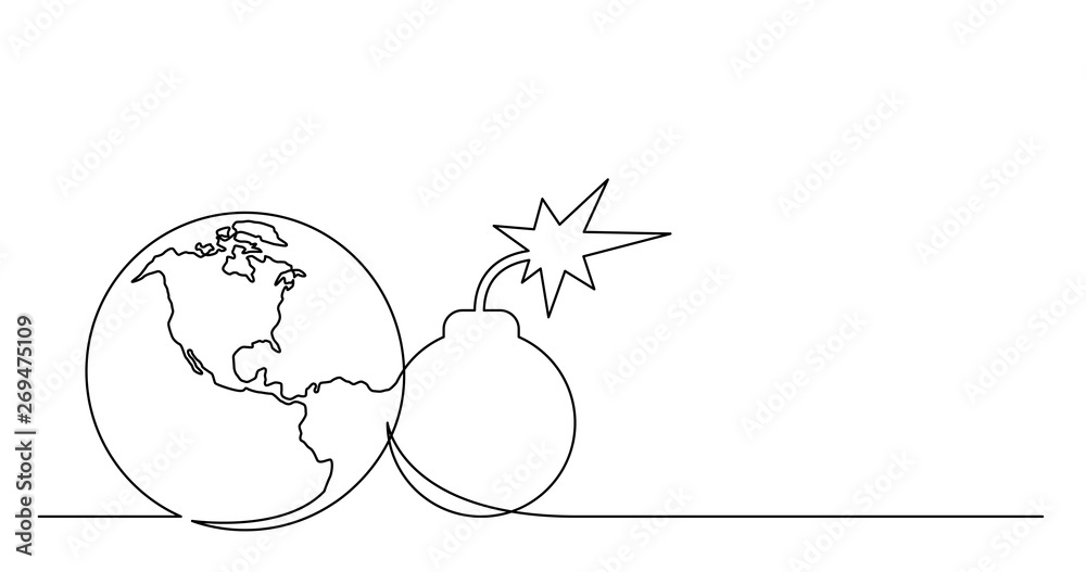 continuous line drawing of world planet with bomb with firing fuze ...