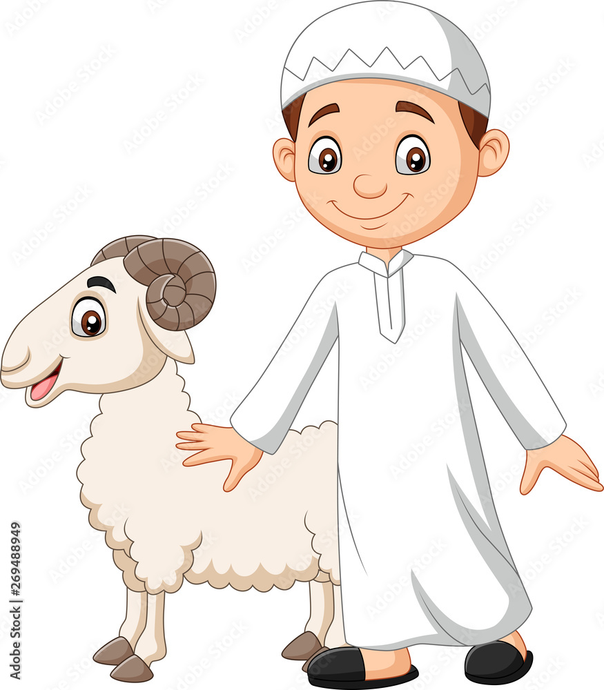 Cartoon Muslim boy holding a goat Stock Vector | Adobe Stock