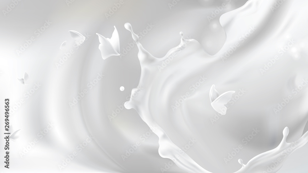 Milk pouring splash swirl shape and white liquid silhouettes of flying ...