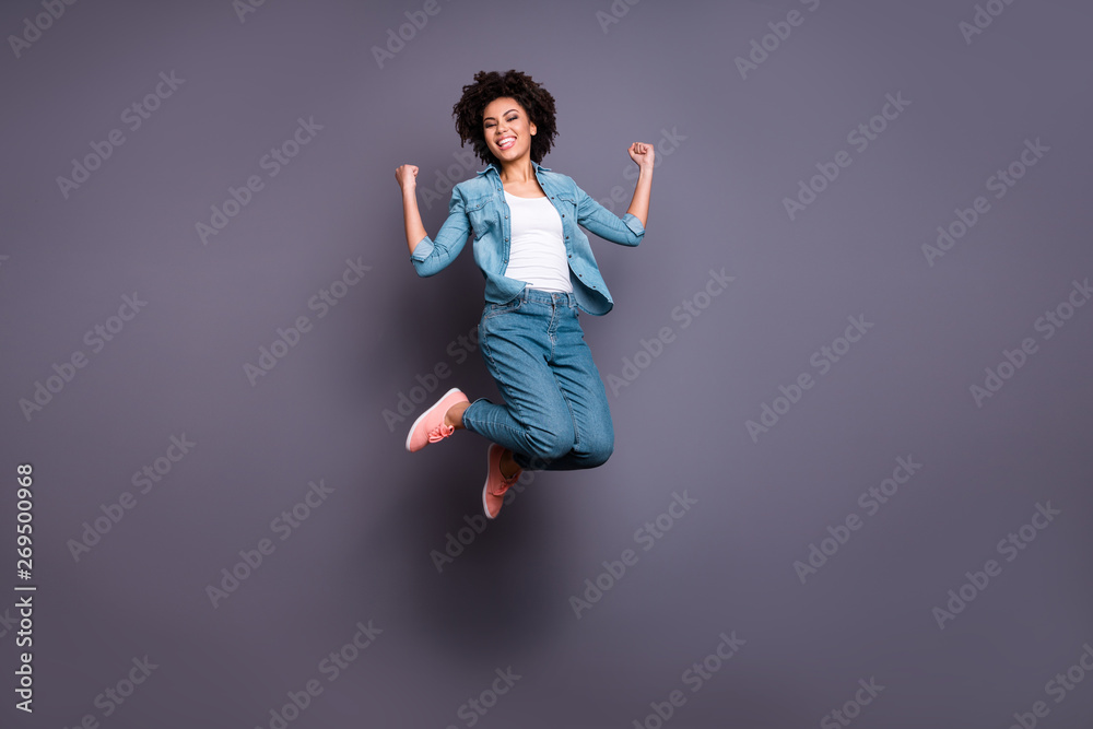 Full length body size photo beautiful she her dark skin lady jump high ...