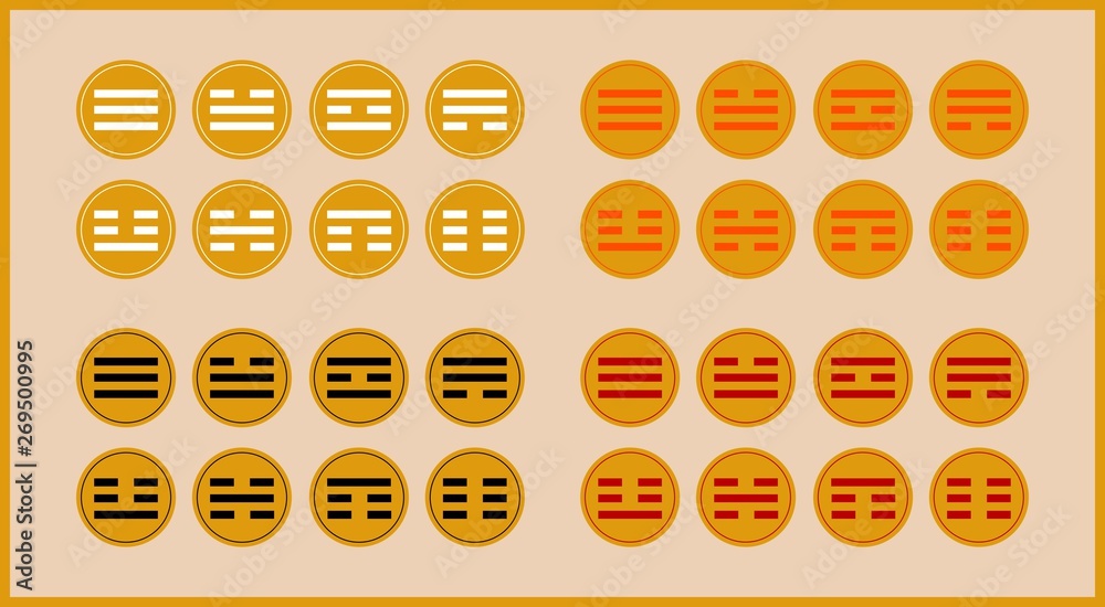 East Asia three lines magic symbols in golden rounds with inner frames ...