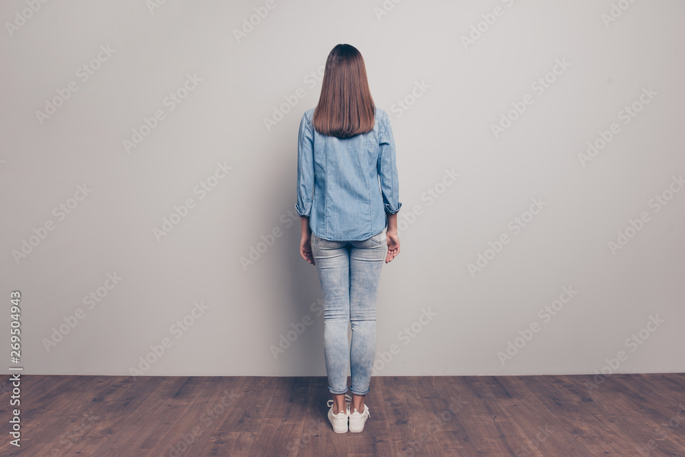 Back rear behind view photo of charming stunning gorgeous lovely people ...