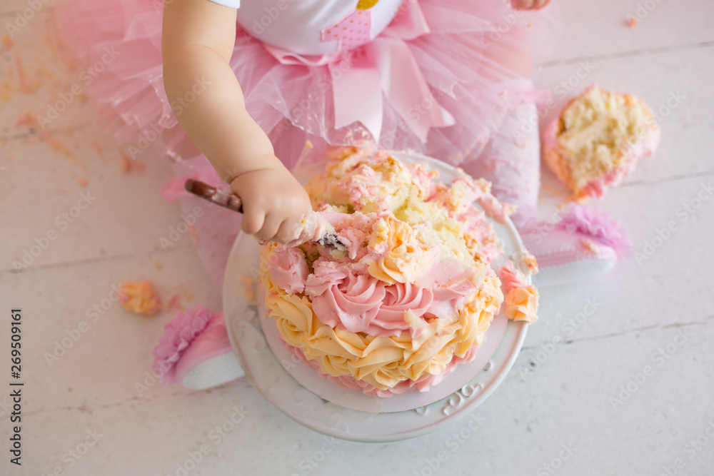 Pink smash cake for girl Stock Photo | Adobe Stock