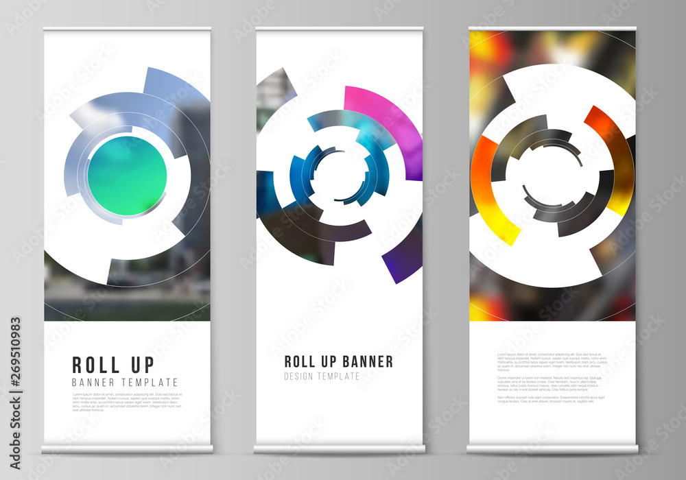 The vector layout of roll up banner stands, vertical flyers, flags ...