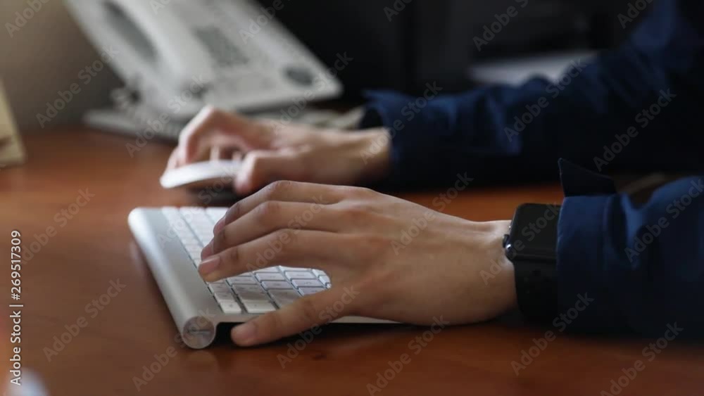 Close up man hands typing on keybord in office online pc communication ...