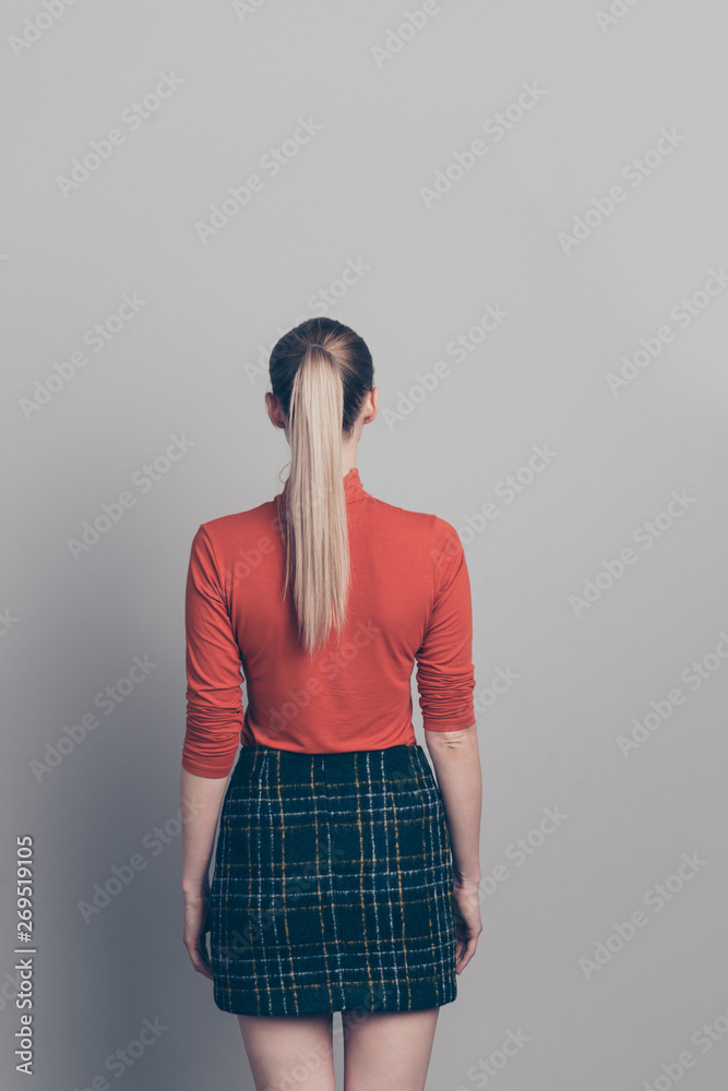 Vertical rear back behind view portrait of her she nice-looking pretty ...