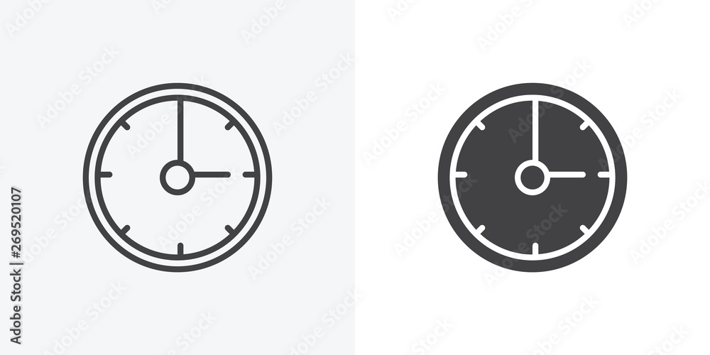 Circle clock icon. line and glyph version, outline and filled vector ...