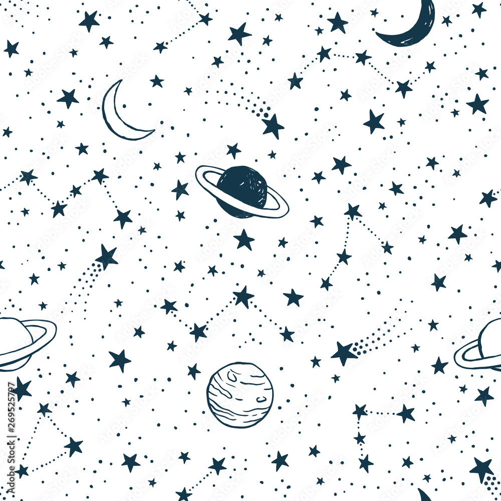 Seamless dark blue space pattern with planets, constellations and stars ...
