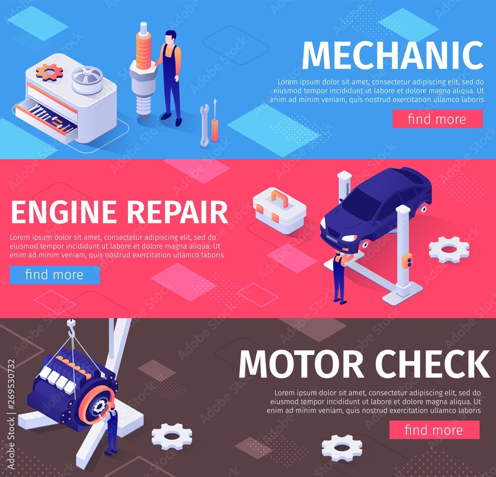 Mechanic, Engine Repair and Check Service Banners Stock Vector | Adobe ...