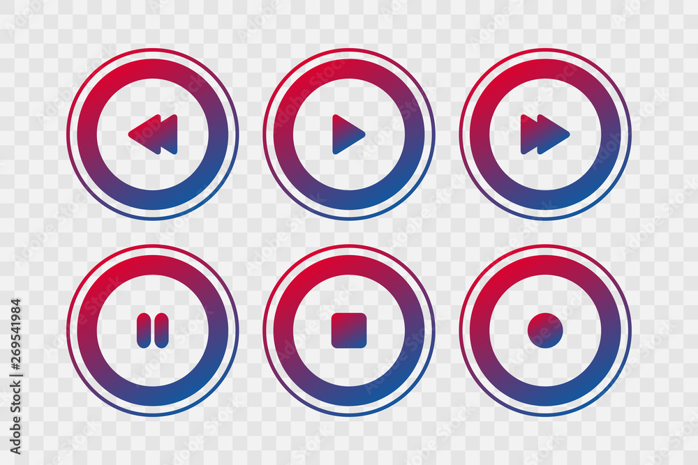 Player vector icons. Gradient play, stop, rewind, forward, pause ...
