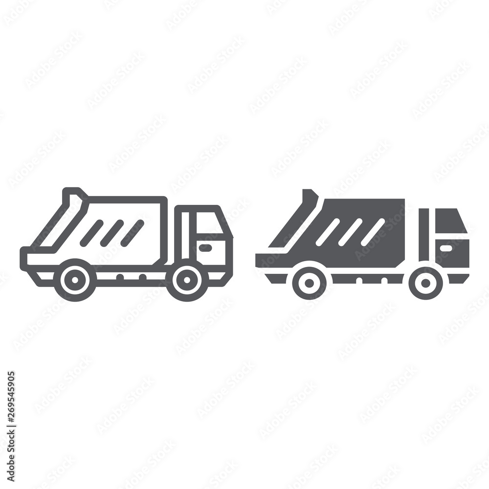 Garbage truck line and glyph icon, transportation and auto, waste lorry ...