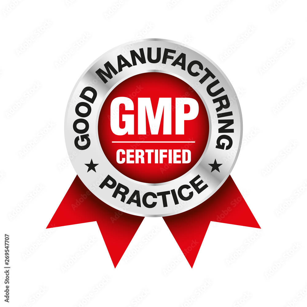 GMP (Good Manufacturing Practice) certified round stamp on white ...
