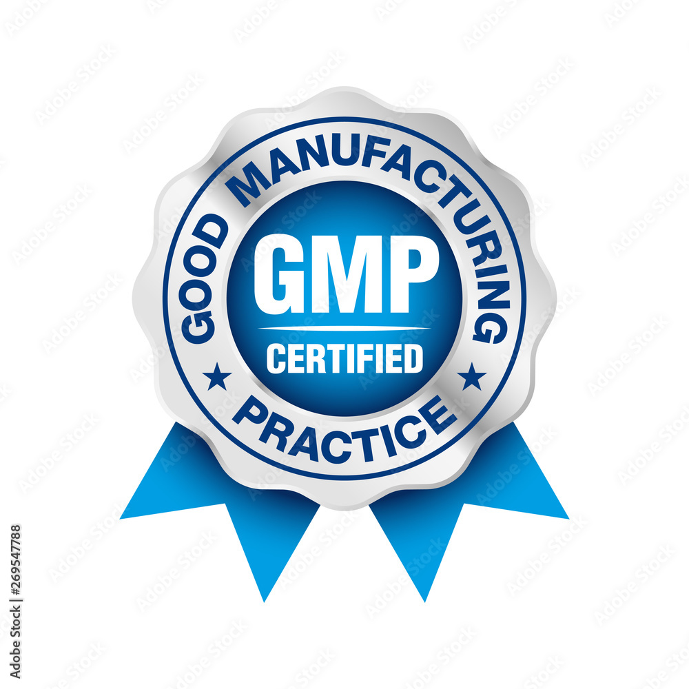 GMP (Good Manufacturing Practice) certified round stamp on white ...