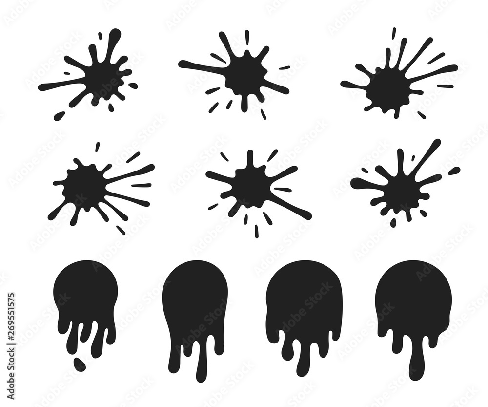 Hand drawn dripping paint splatter set. Drip stamp and liquid drops ...