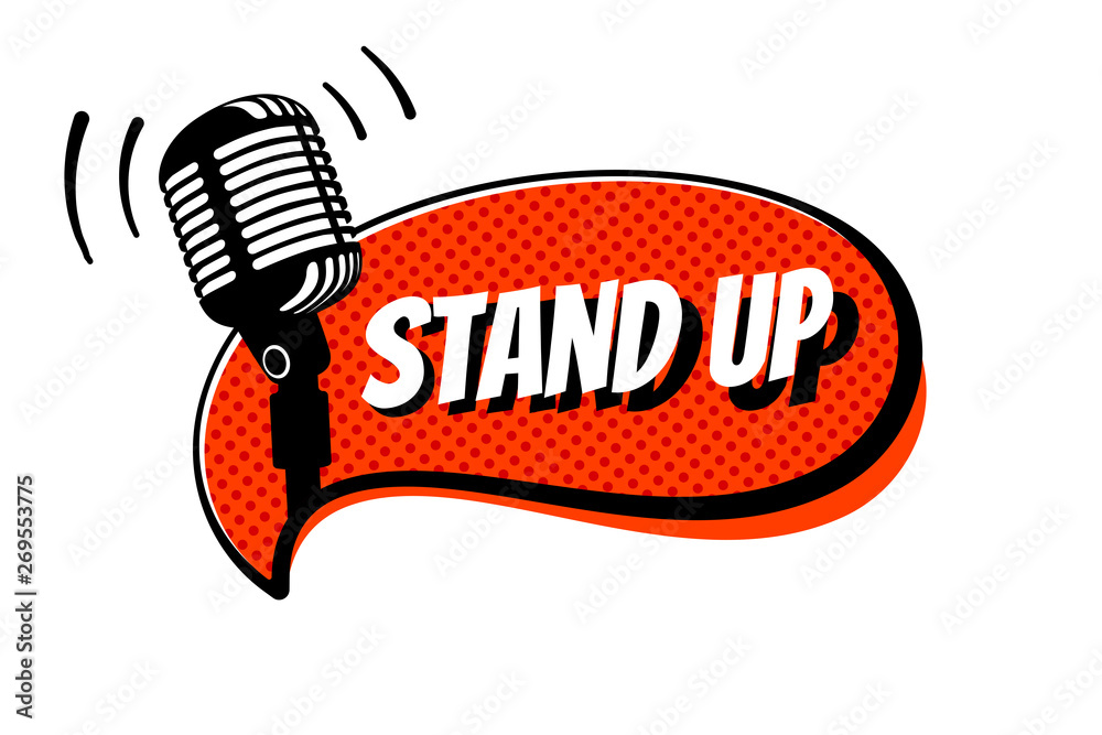 Stand up comedy show sign. Retro studio table microphone with ...