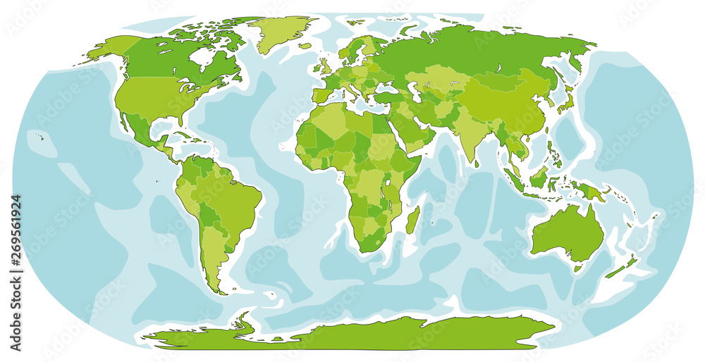 World map hand drawn illustration. Cartoon style. Green color Stock ...
