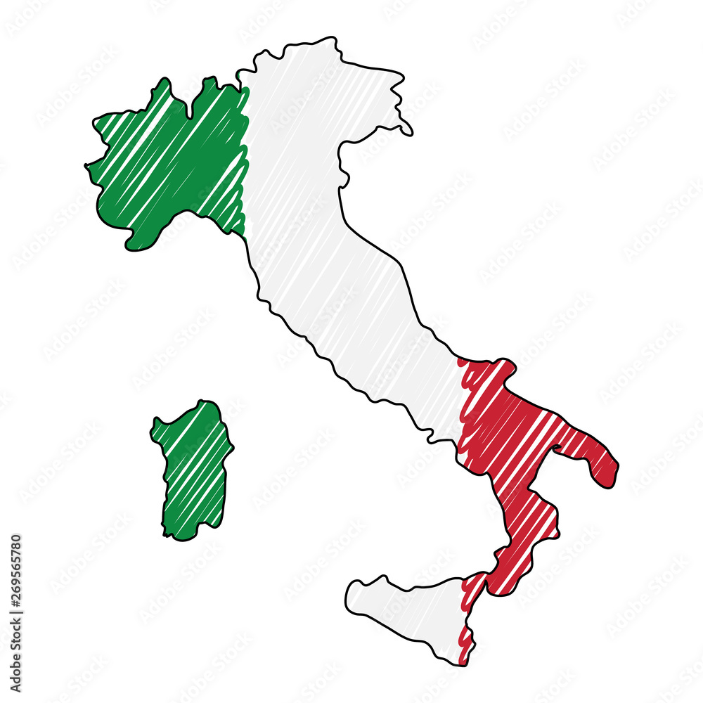 Italy map hand drawn sketch. Vector concept illustration flag ...