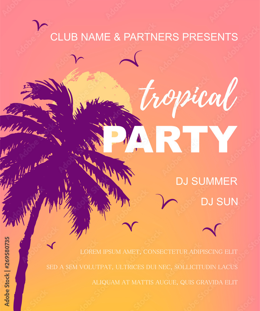 Summer background with palm tree and sun. Tropical party poster. Place ...