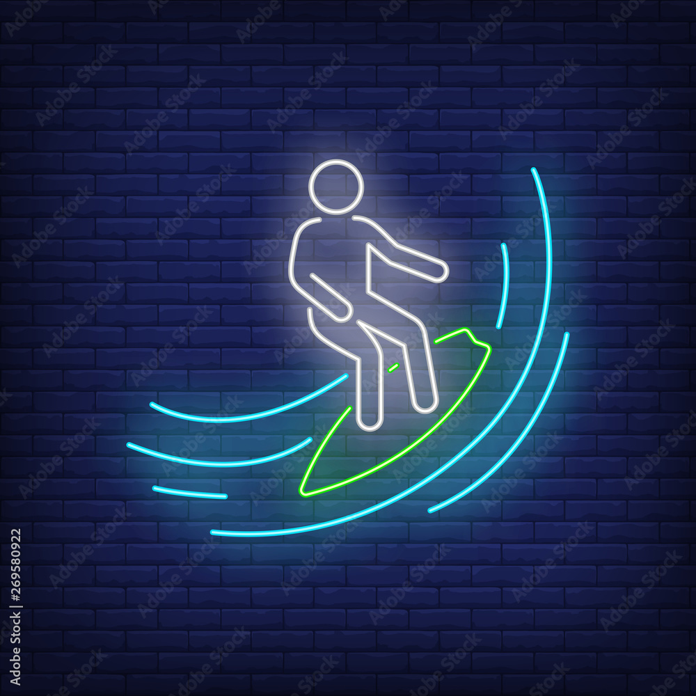 Stick man surfing on wave neon sign. Surfing, extreme sport, tourism ...