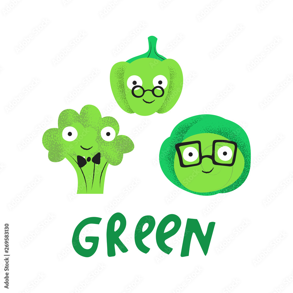 Green vegetables cartoon characters isolated on white background ...