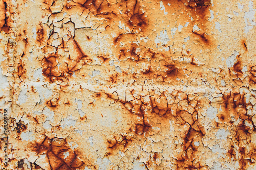 Rusted white painted metal wall. Rusty metal background with streaks of ...