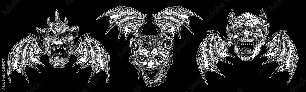 Set of devil heads with big demon horns or antlers and sharp fangs ...