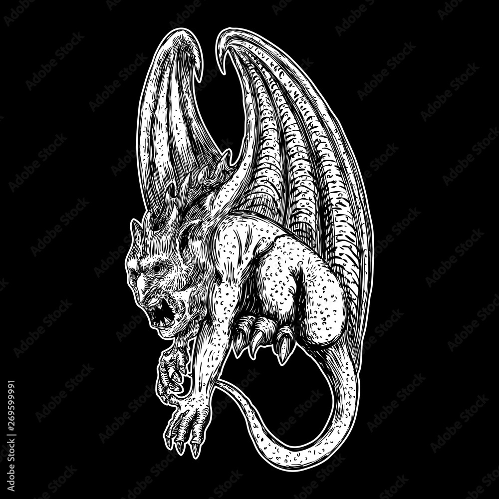 Mythological ancient gargoyle creatures human and dragon like chimera ...