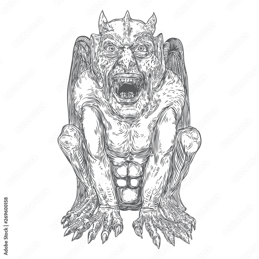 Gargoyle in sitting aggressive position to attack Human and dragon bat ...