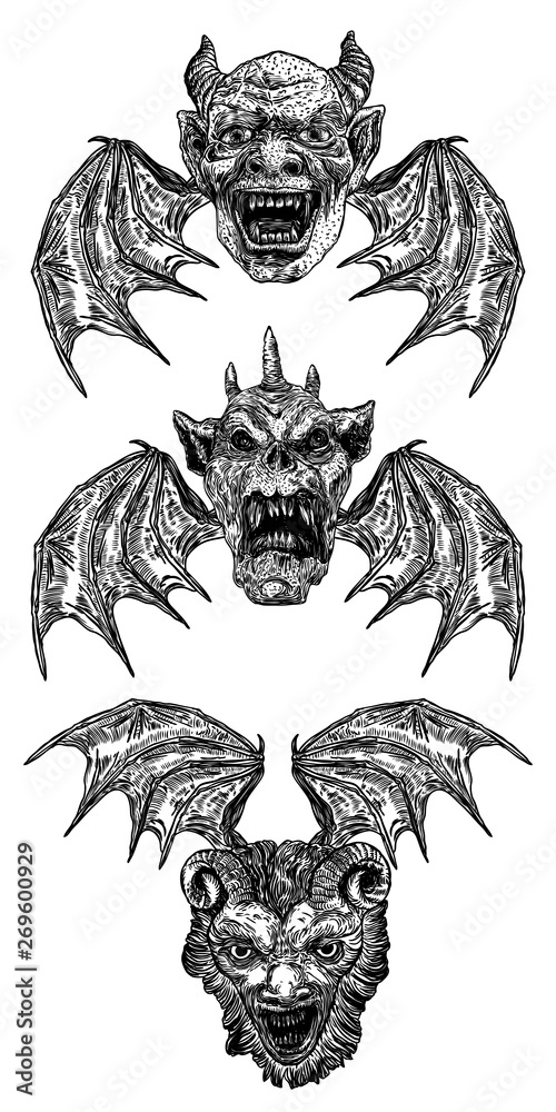 Set of devil heads with big demon horns or antlers and sharp fangs ...