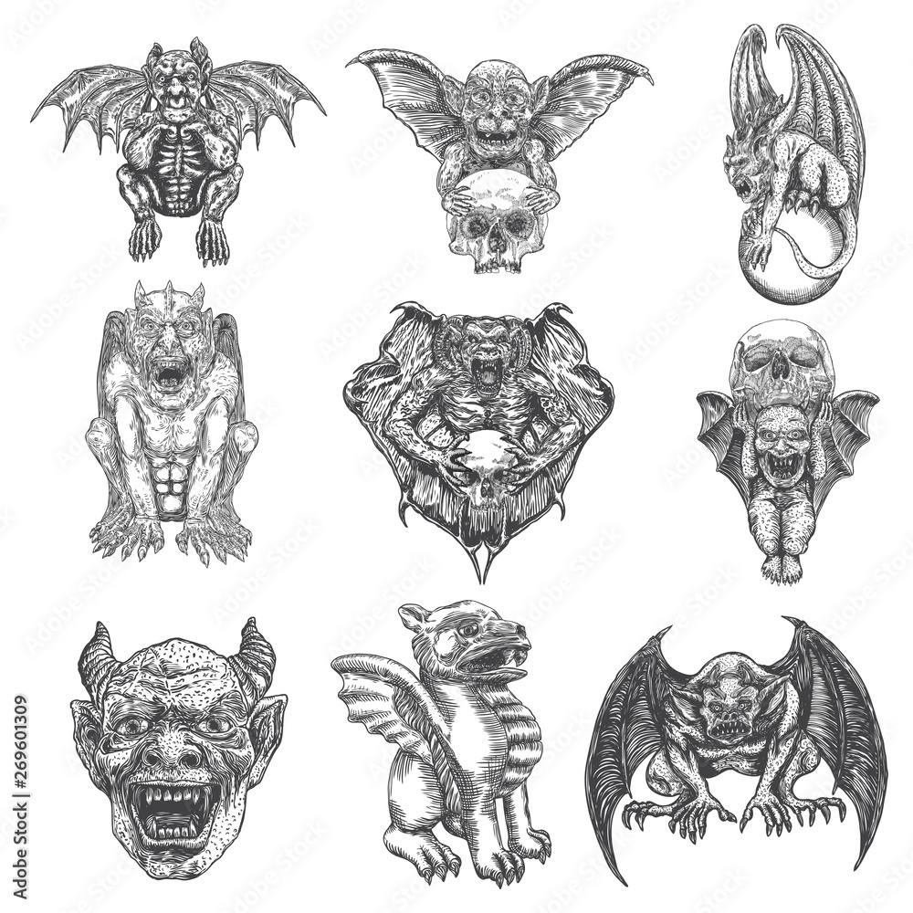 Set of gargoyle in sitting aggressive position to attack. Human and ...