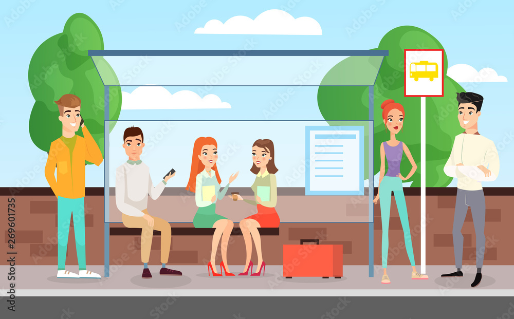 Vector illustration of people waiting for a bus. Standing, talking and ...