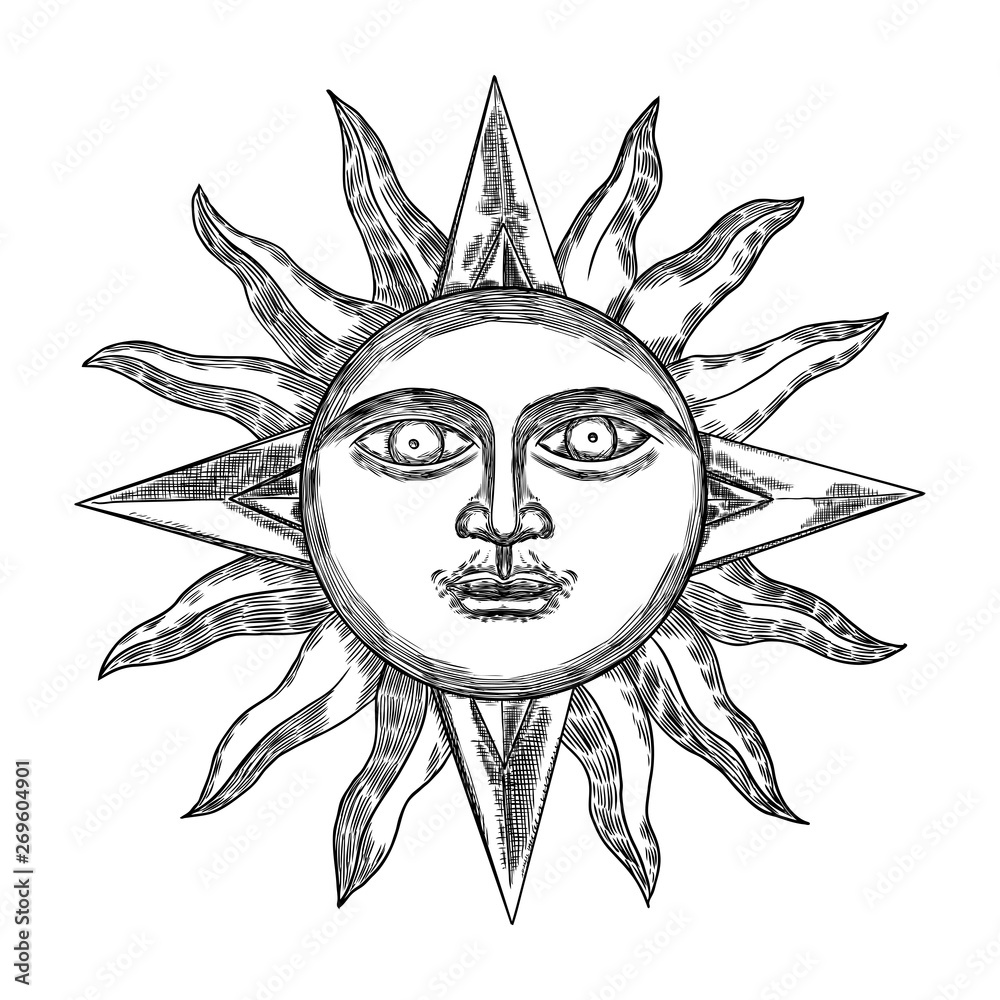 Hand drawn antique style sun with face of the human like ...