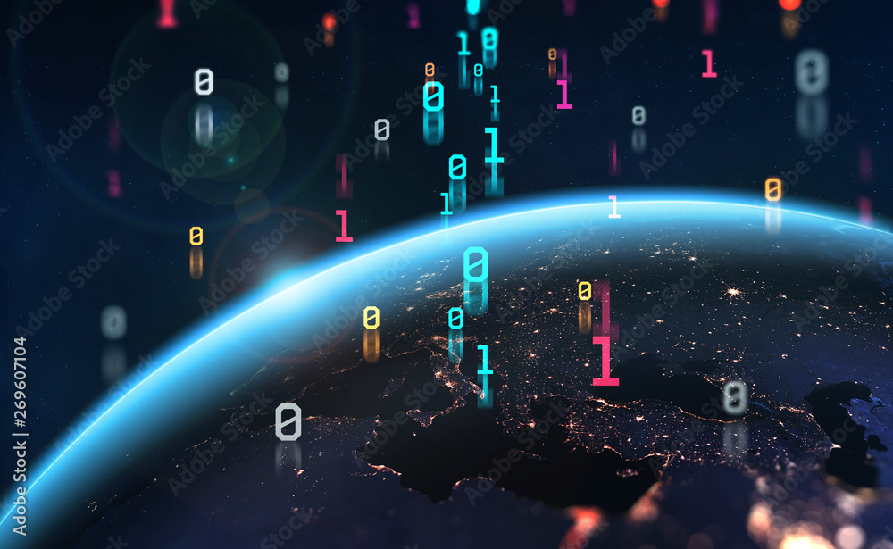 Era of digital technology. Binary code and Global data flow. 3D ...