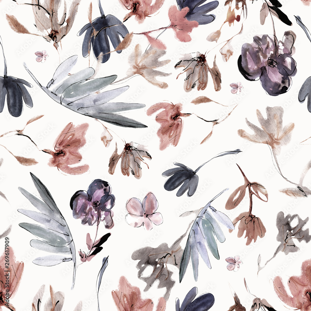 Seamless abstract watercolor floral pattern. Hand drawing ink ...