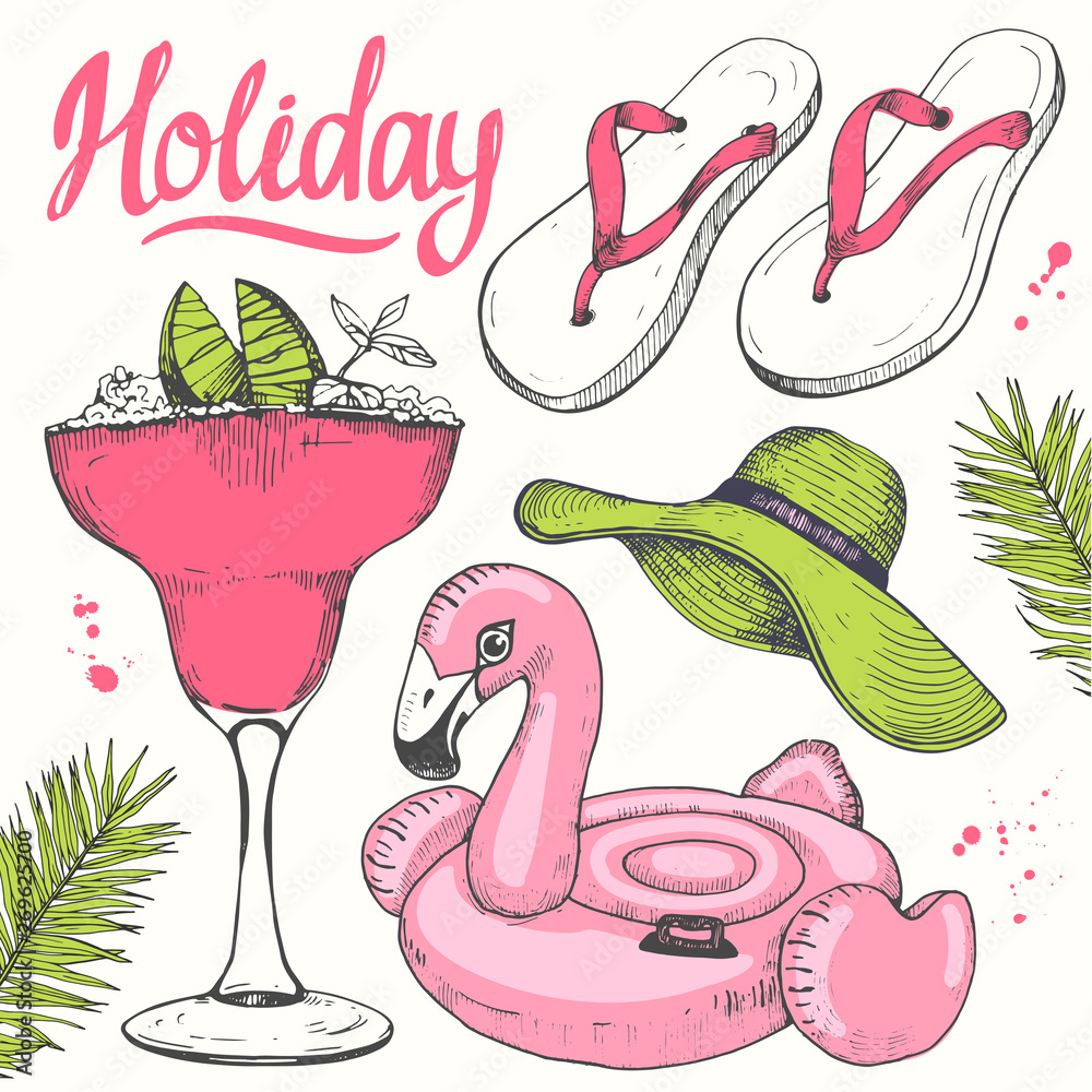 Holiday hand-drawn set with cocktail, flip flops, flamingo float ...