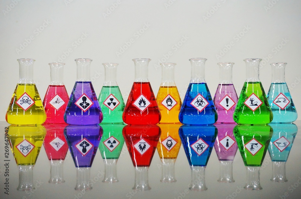 Many of colorful chemicals on Erlenmeyer flask with Variety type of ...