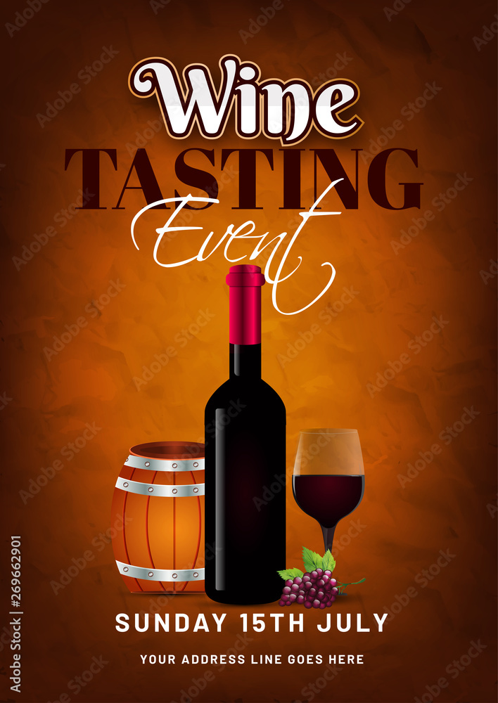 Brown template or flyer design with illustration of wine barrel, drink ...