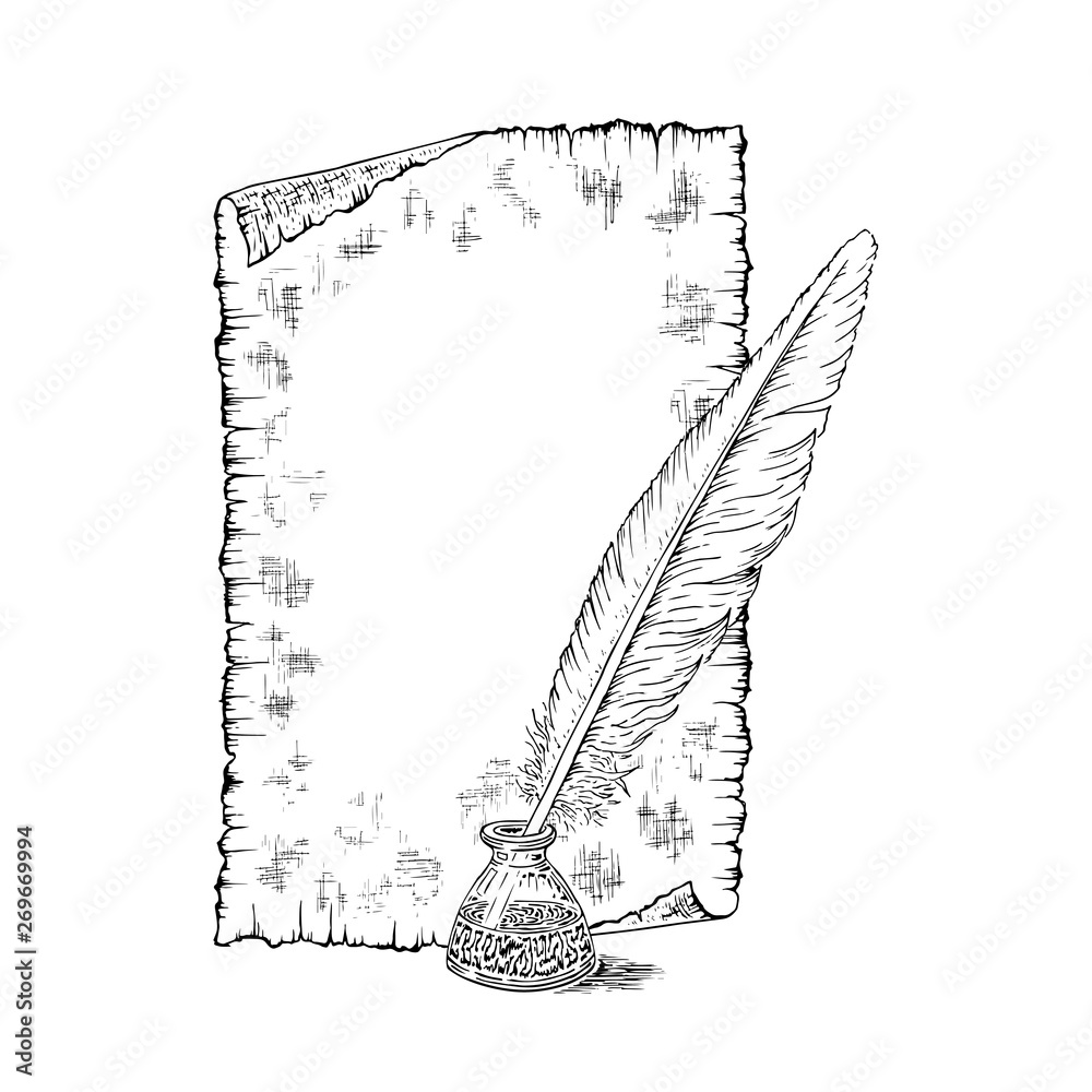 Feather Pen And Paper Drawing