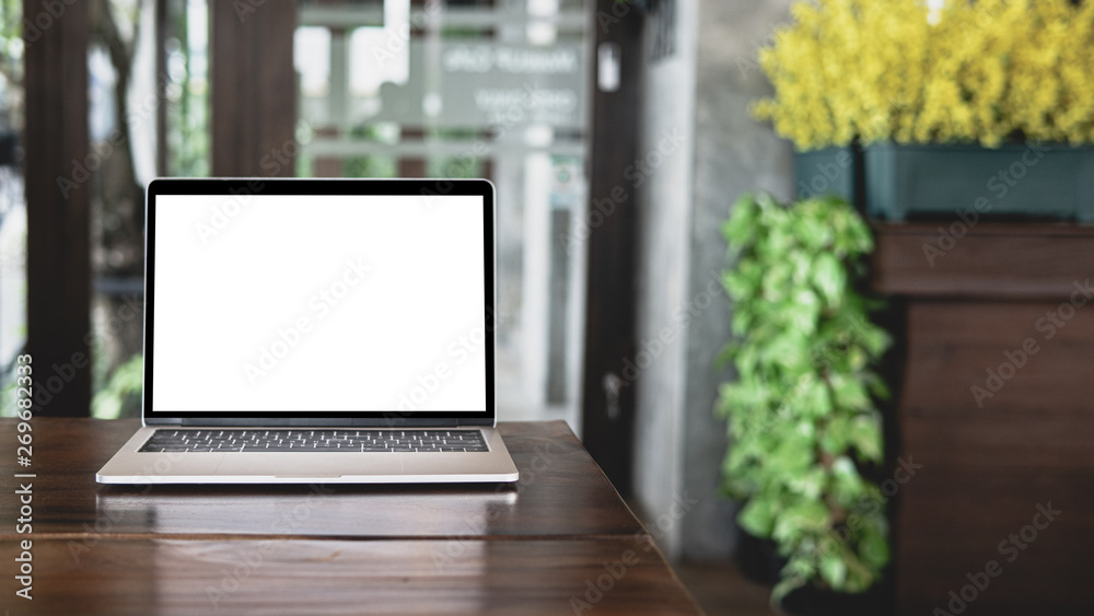 Blank screen laptop on table template.Laptop computer white screen for ...