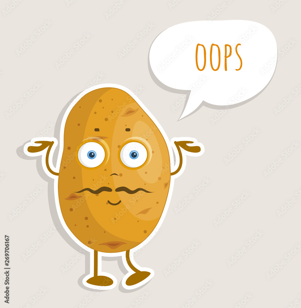 Cute potato character with the phrase oops. Vector sticker in cartoon ...