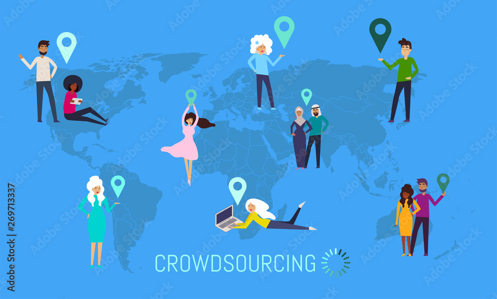 Design concept of crowdsourcing with world map, different characters ...