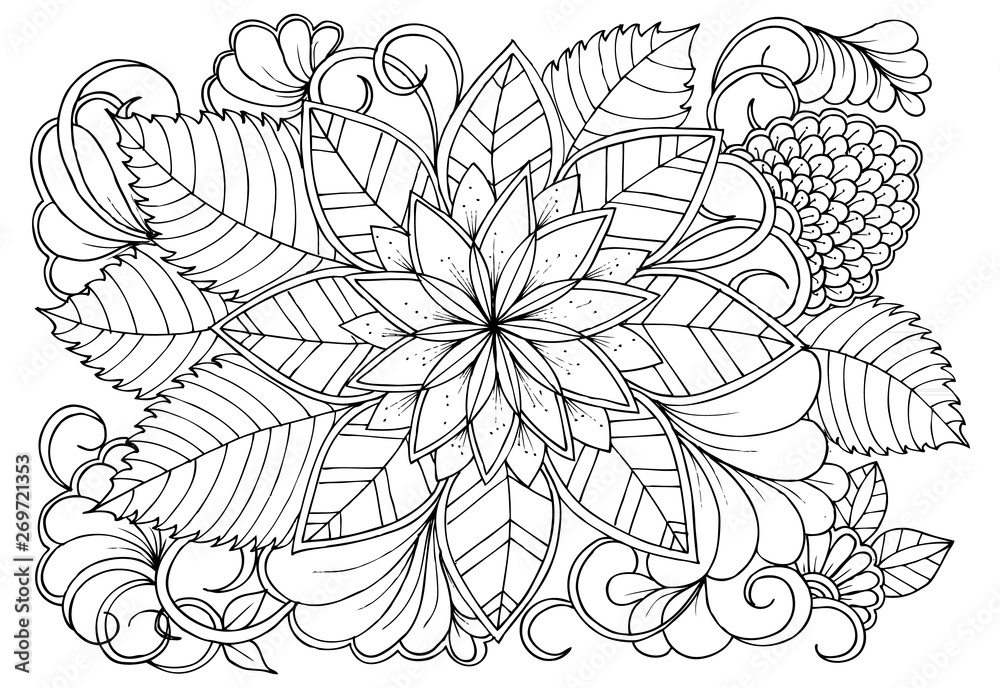 Coloring page in black and white for colouring book. Leafs and flowers ...