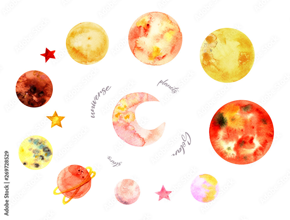 Set of cartoon planets and stars, moon. Solar system. Stock ...