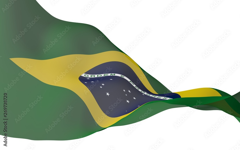 Waving flag of Brazil. Ordem e Progresso. Order and progress. Rio de ...