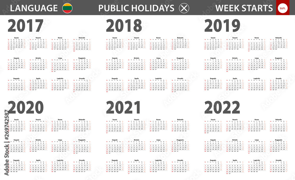 Vetor de 2017-2022 year calendar in Lithuanian language, week starts ...